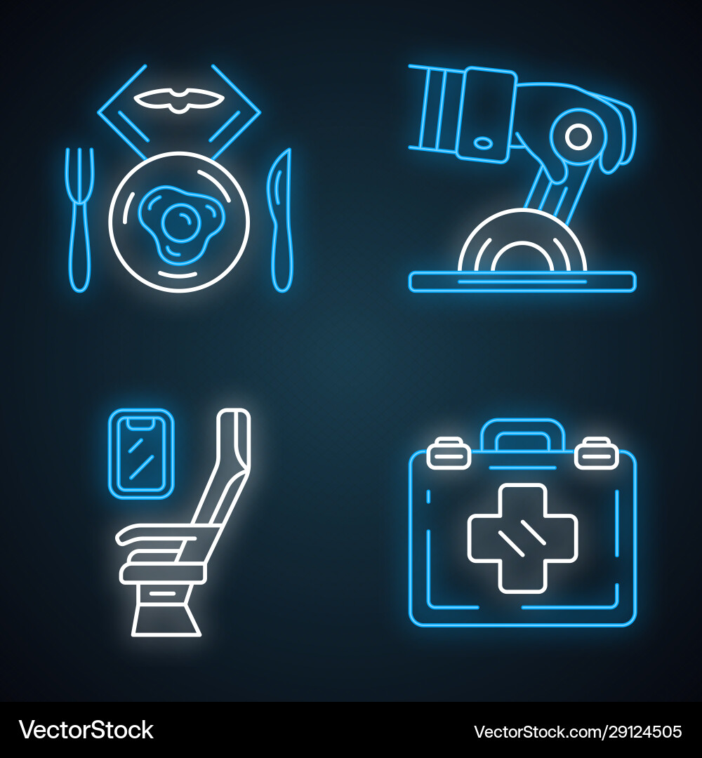Aviation services neon light icons set Royalty Free Vector