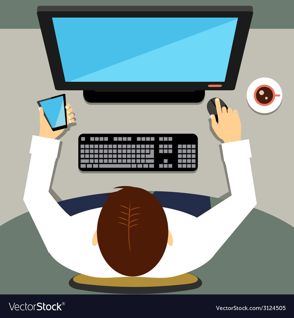 Man working on desktop computer with blank screen Vector Image