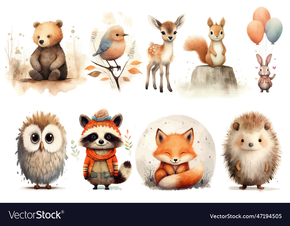 Watercolor set of cute baby deer rabbit hedgehog Vector Image