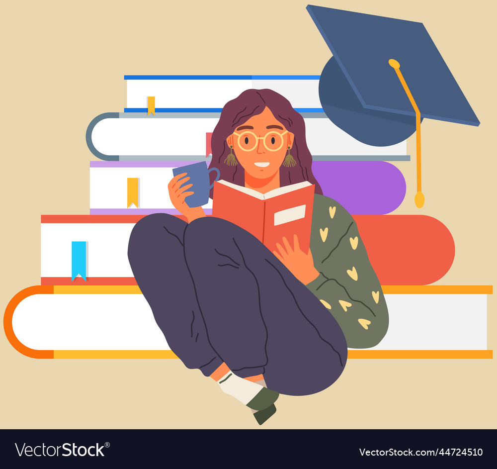 Girl lies on pile of books with open book in her Vector Image Girl lies on pile of books with open book in her Vector Image