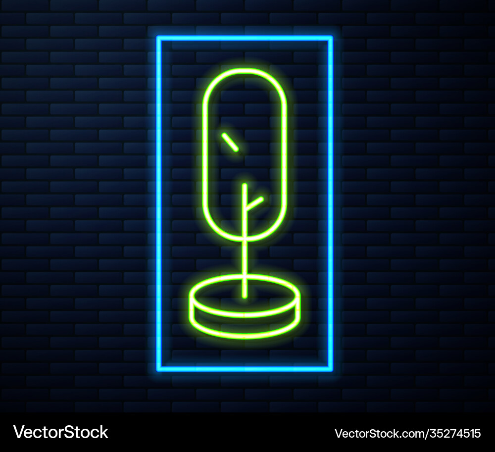 Glowing neon line tree icon isolated on brick wall