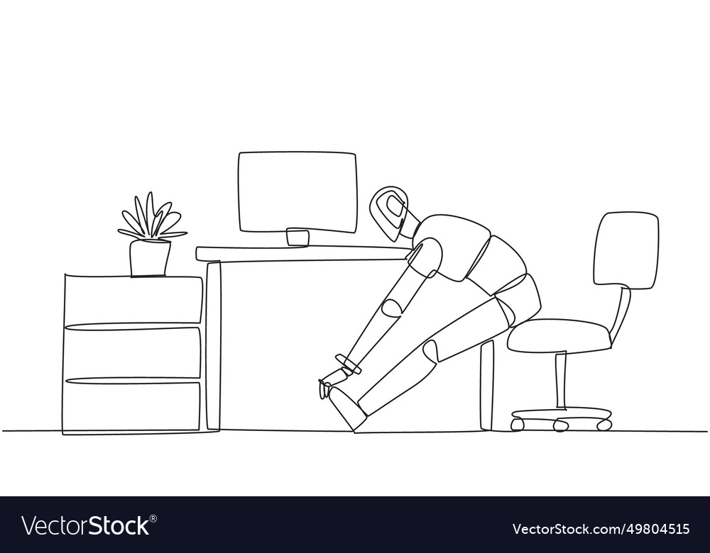 Single continuous line drawing robot sits in work Vector Image