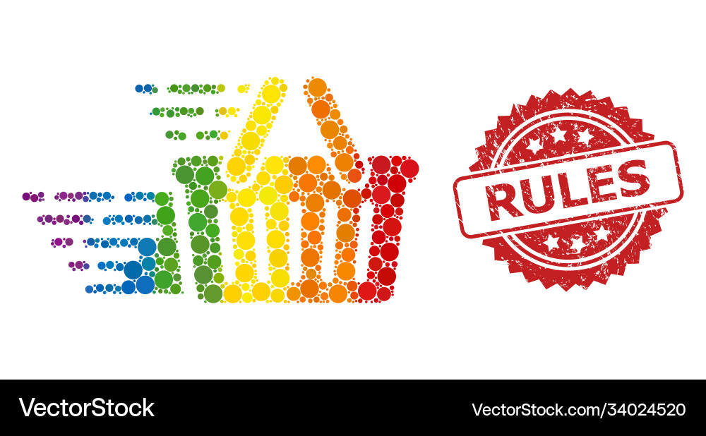 Rubber rules stamp and spectrum shopping basket Vector Image