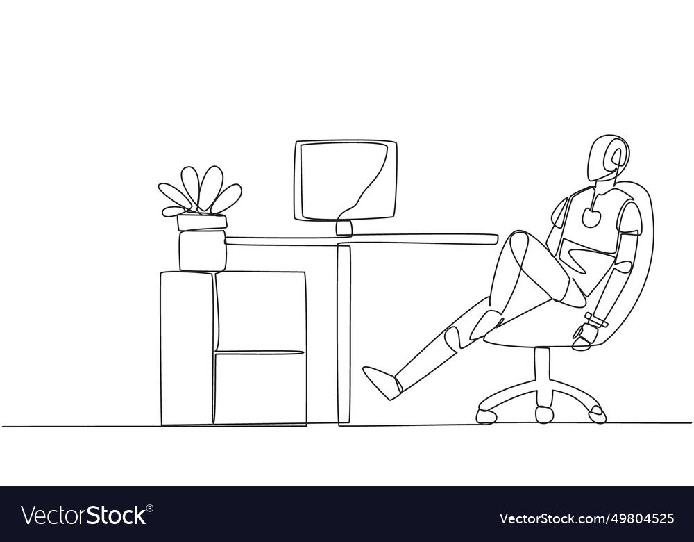 Continuous one line drawing robot sits in work Vector Image