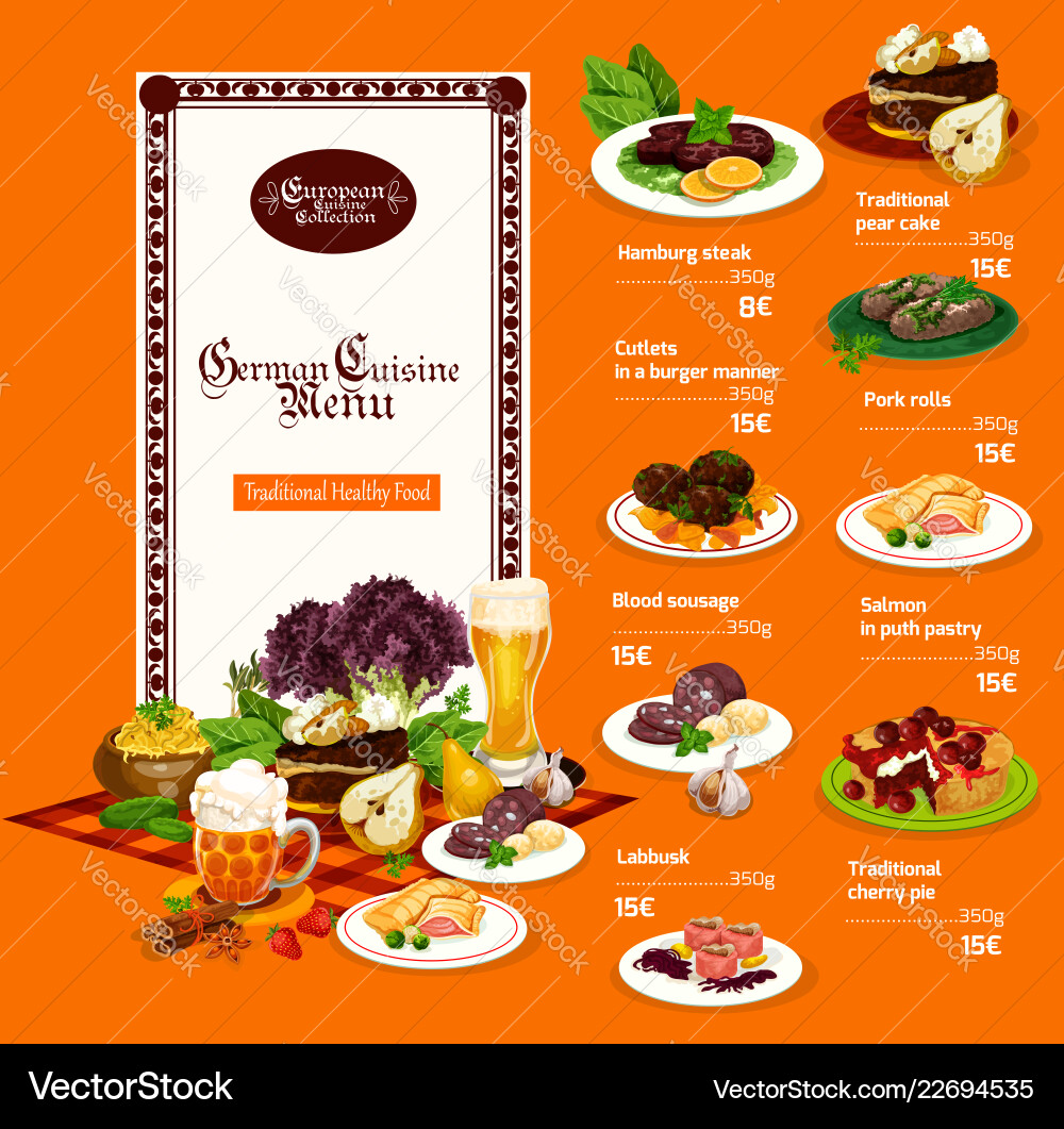 German cuisine dishes and drinks menu Royalty Free Vector