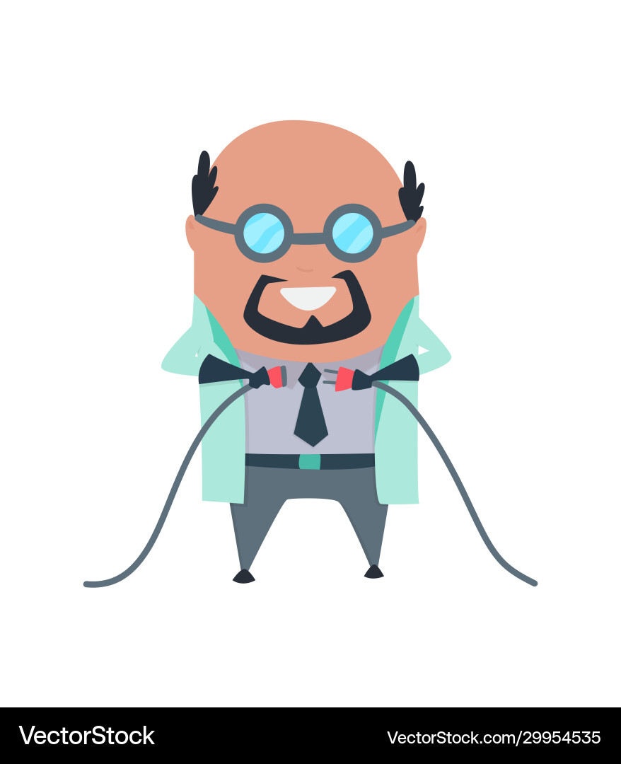 Mad professor in lab coat and dark rubber gloves Vector Image