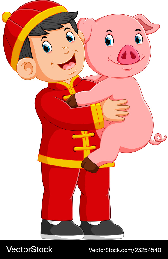 A little boy is playing with a pig Royalty Free Vector Image