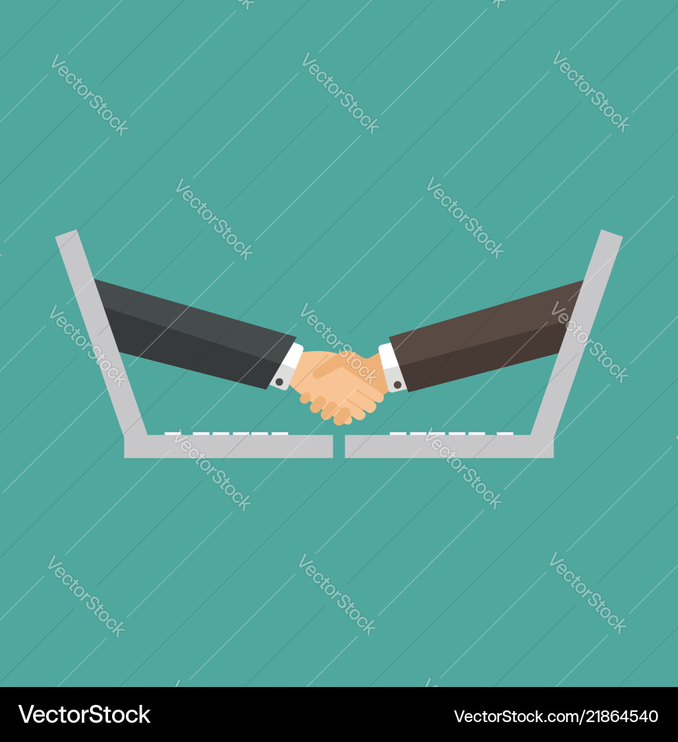 Businessmen shaking hands through a laptop screen Vector Image