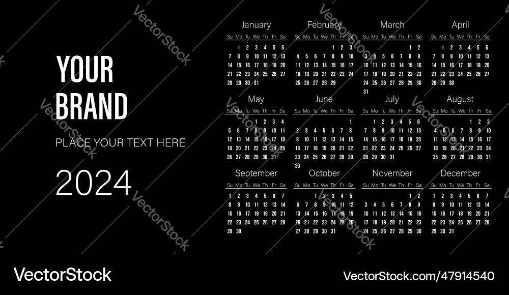 Horizontal calendar 2024 template design on black Vector Image
