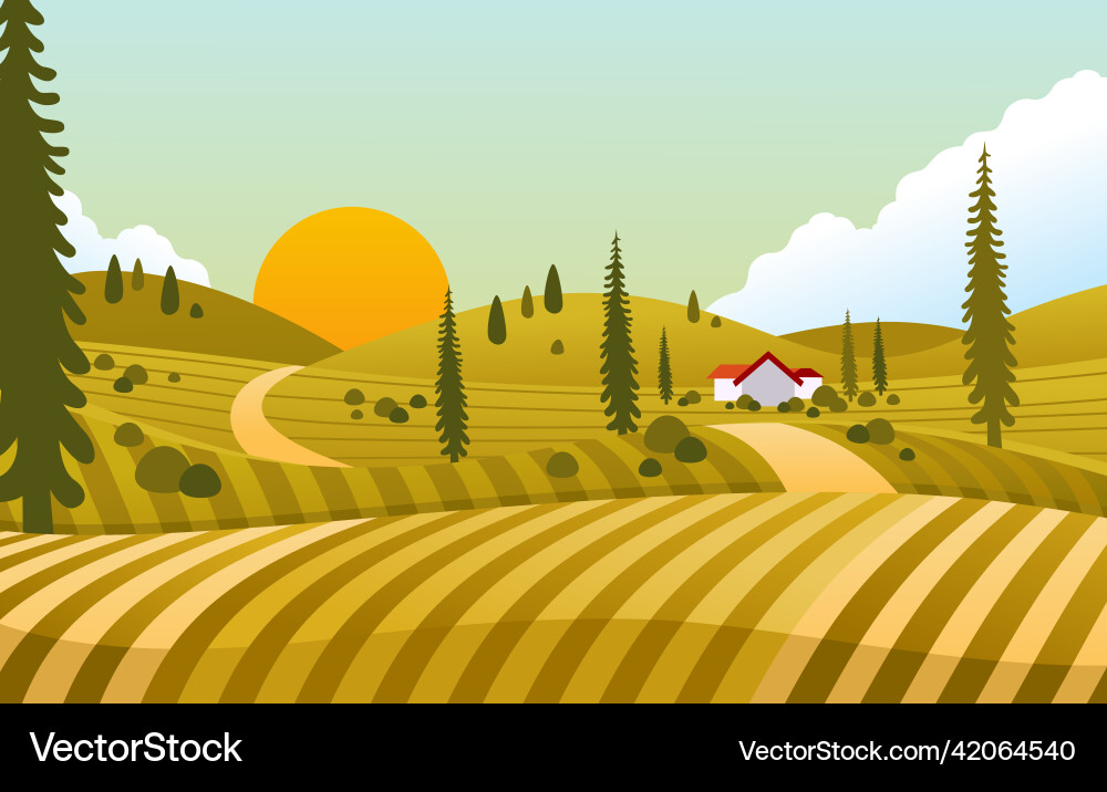Sunset view in country side with house Royalty Free Vector