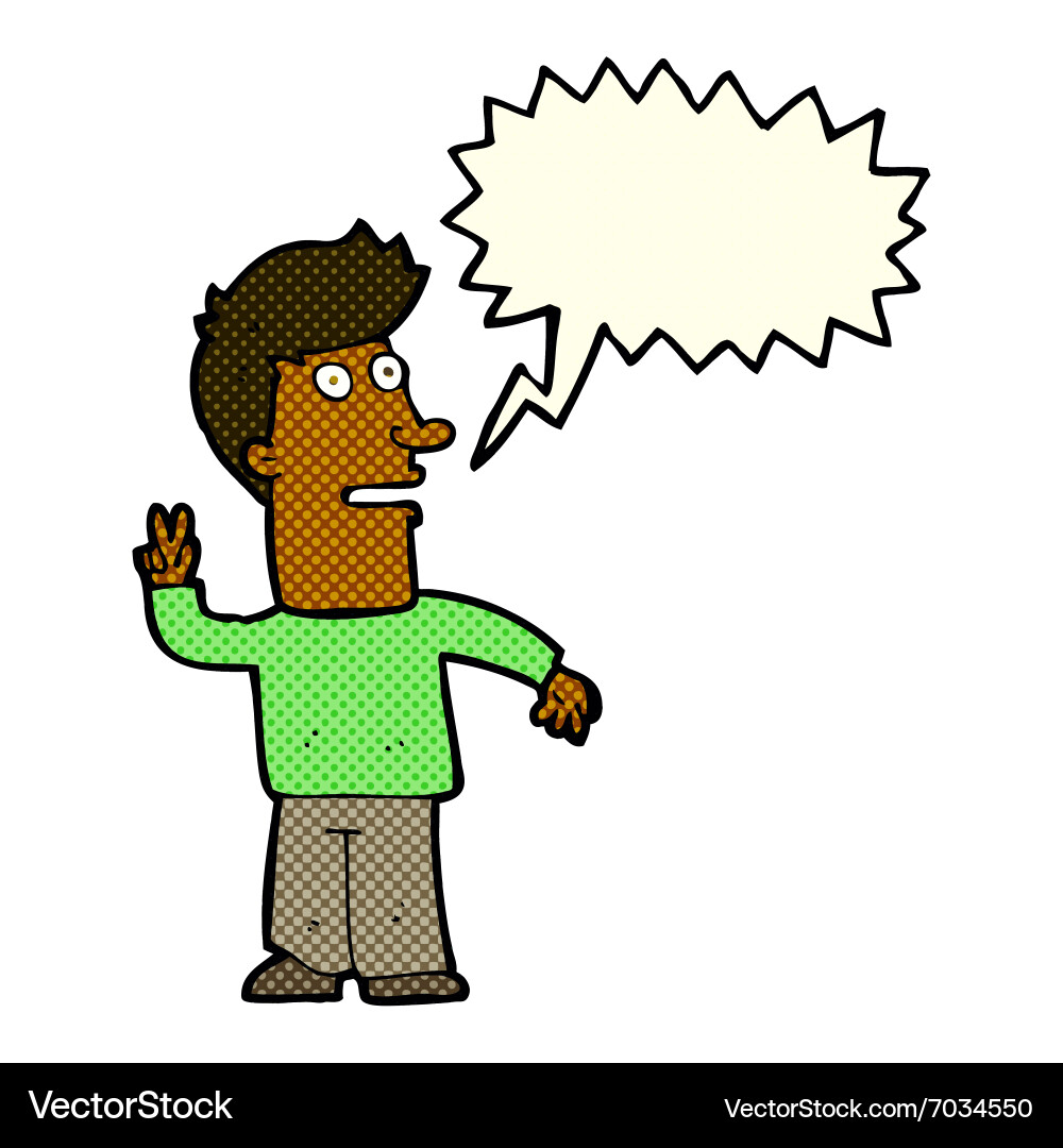Cartoon man making peace sign with speech bubble Vector Image