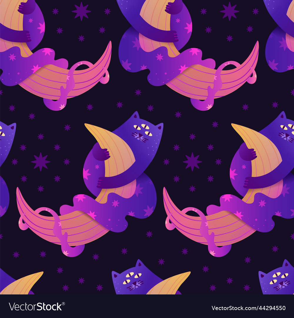 Mystical seamless pattern with cartoon shiny cats Vector Image