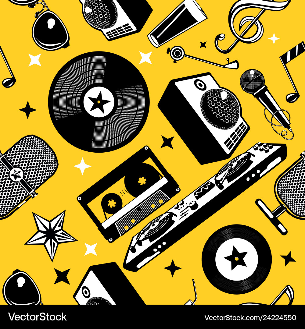 Retro music seamless pattern with vinyl disc Vector Image