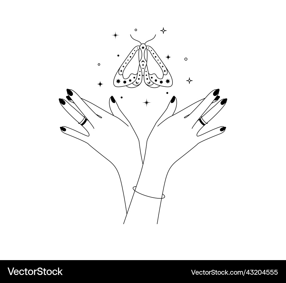 Magic hands with night flying moth in line art Vector Image