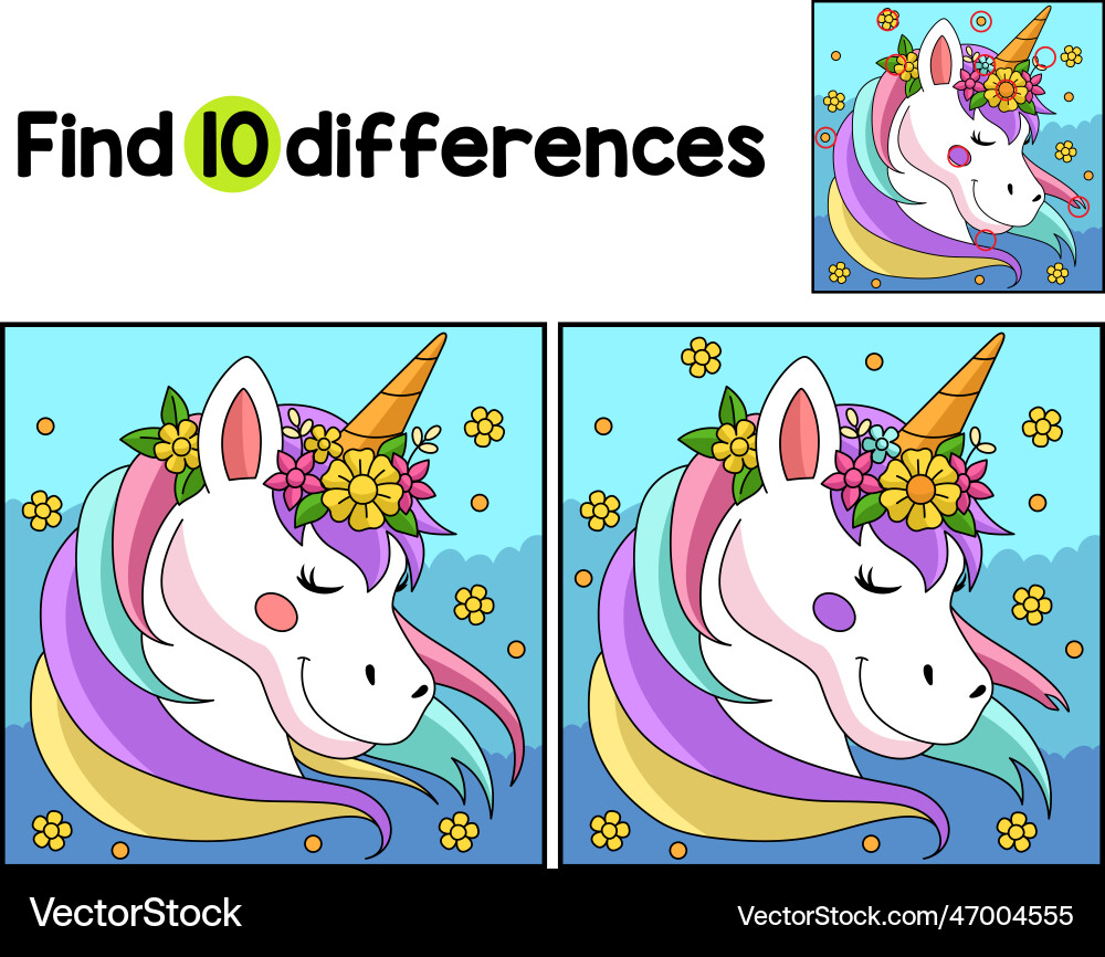 Unicorn with a flower wreath find the differences Vector Image
