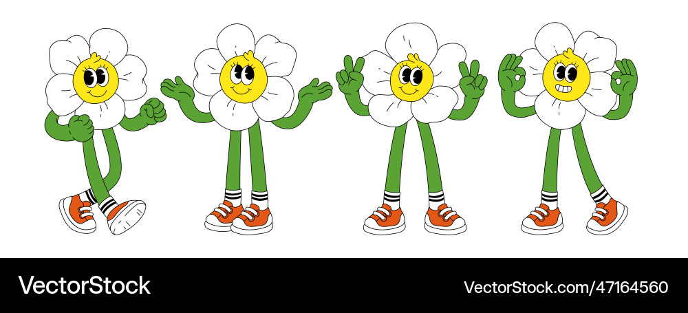 Flower retro funky cartoon characters comic Vector Image