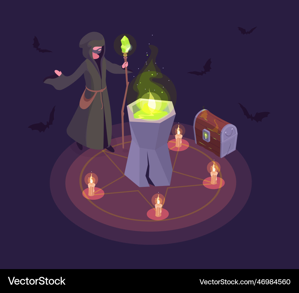 Isometric halloween party poster wizard Royalty Free Vector