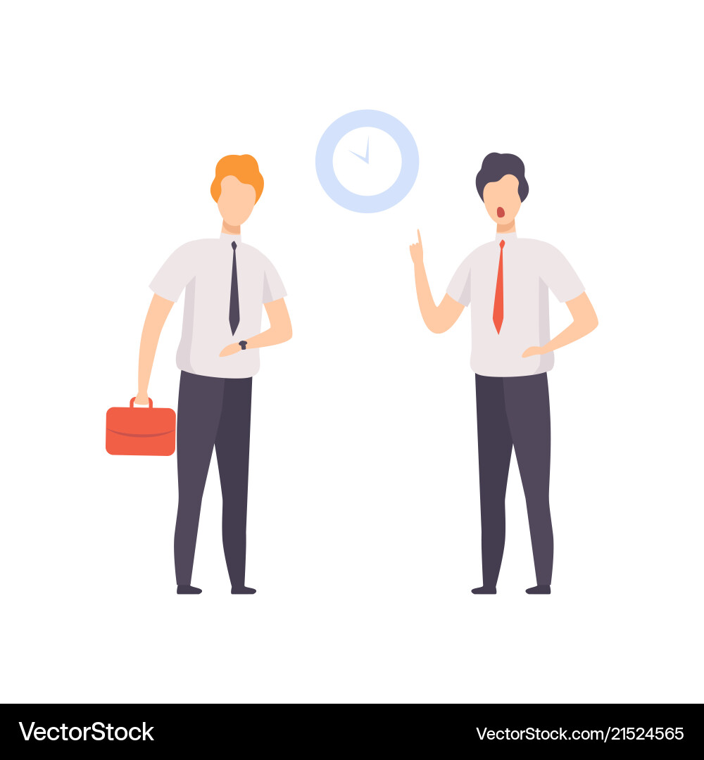 Angry boss pointing to time on the clock Vector Image