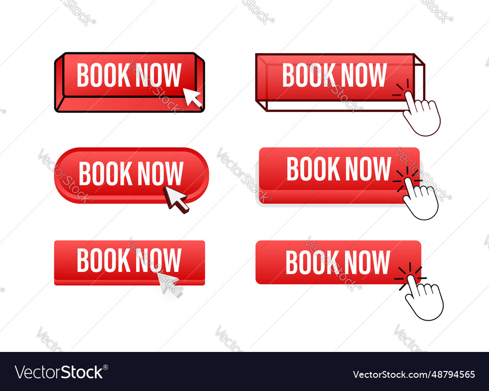 Book now button with pointer clicking Royalty Free Vector
