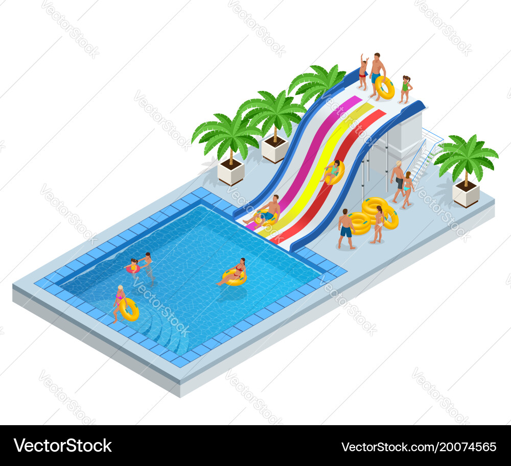 Isometric aqua park with water slides water pool Vector Image