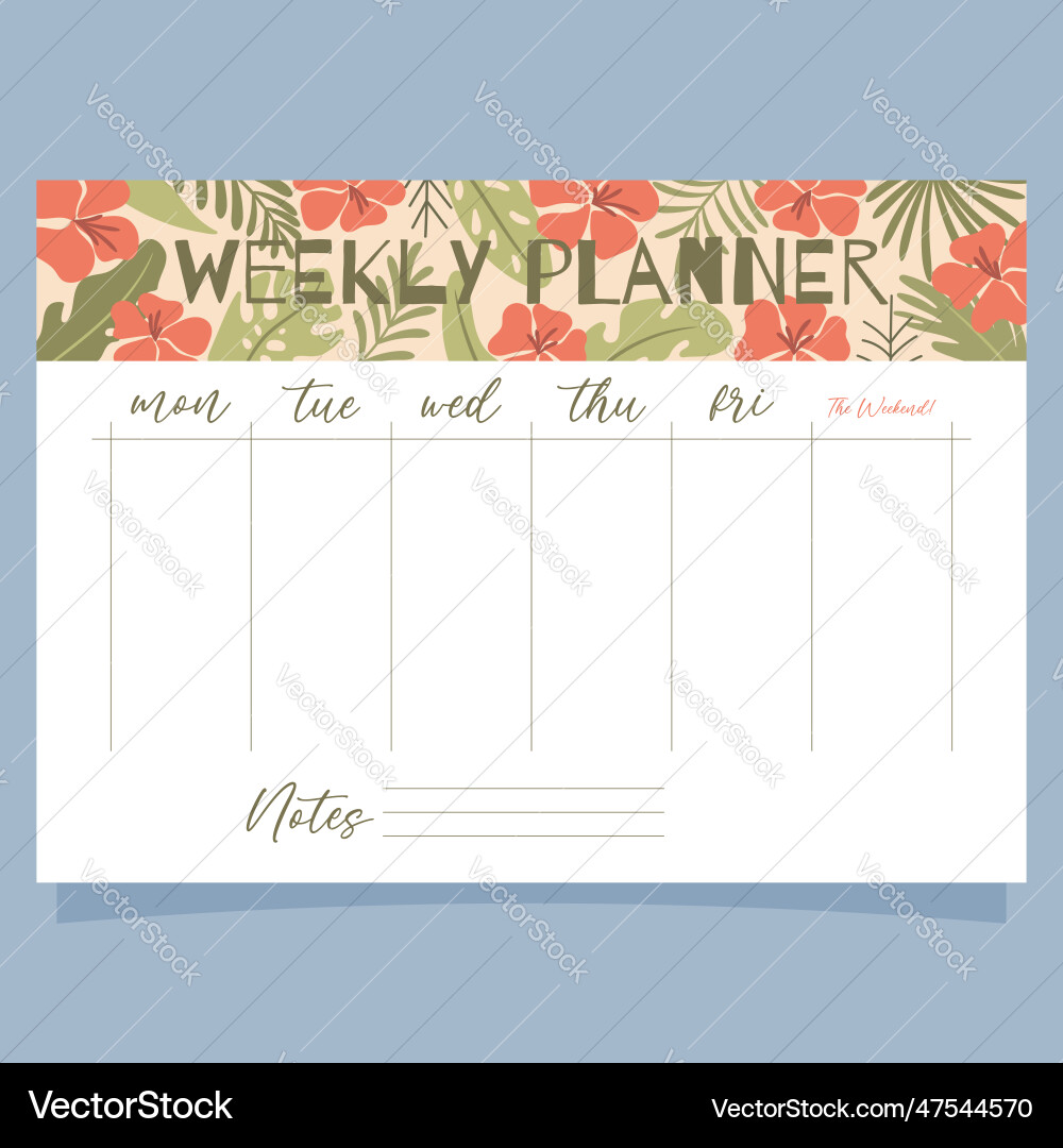 Printable weekly planner concept with tropical Vector Image