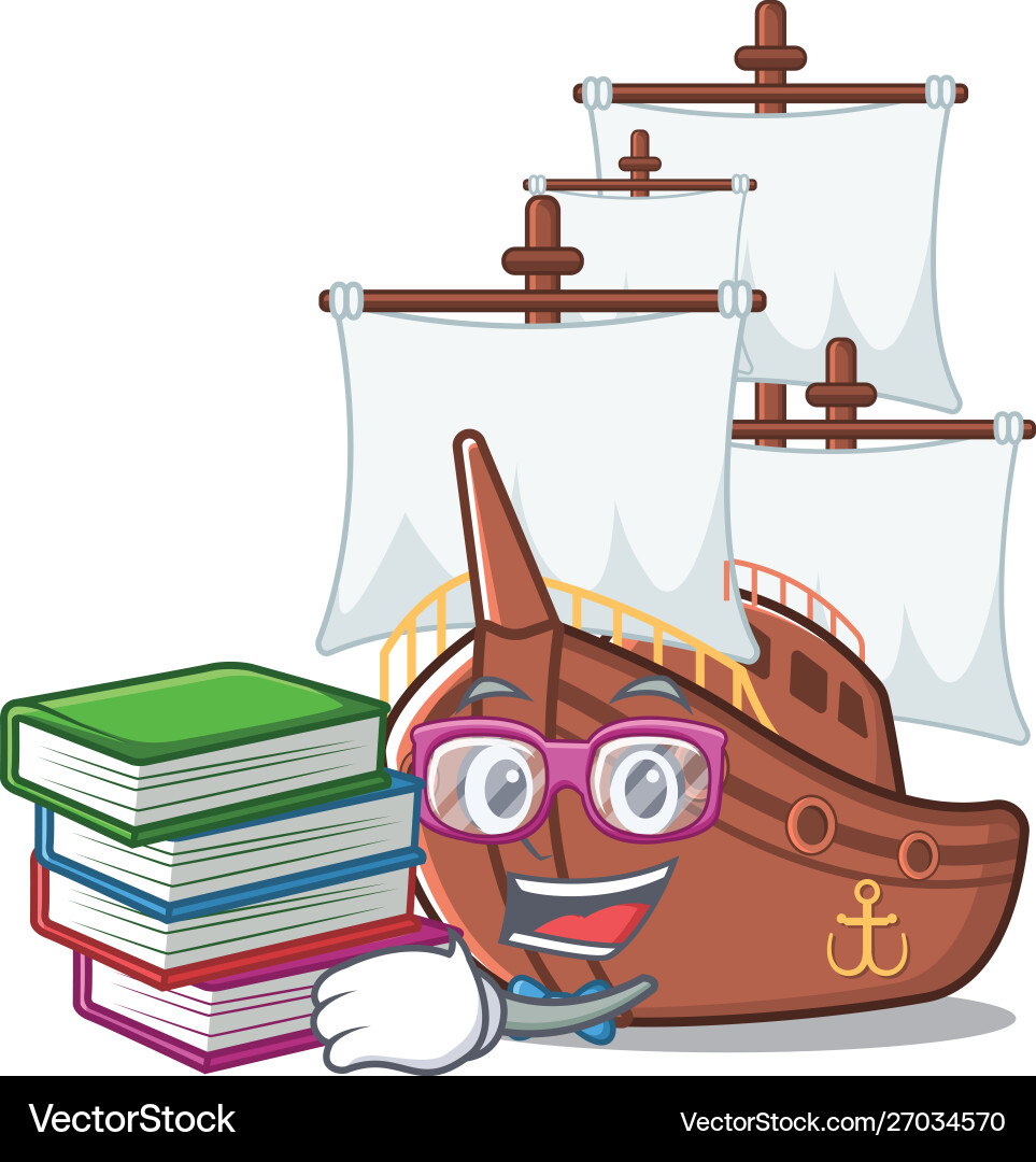 Student with book pirate ship cartoon Royalty Free Vector