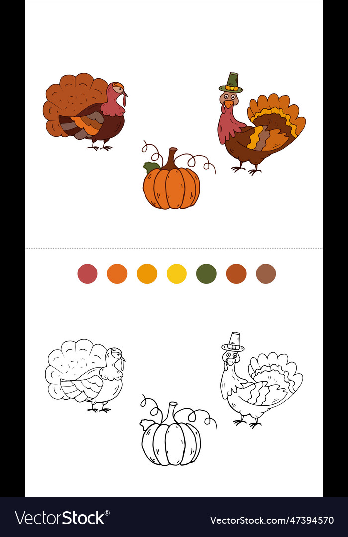Turkeys pumpkin coloring page thanksgiving day Vector Image