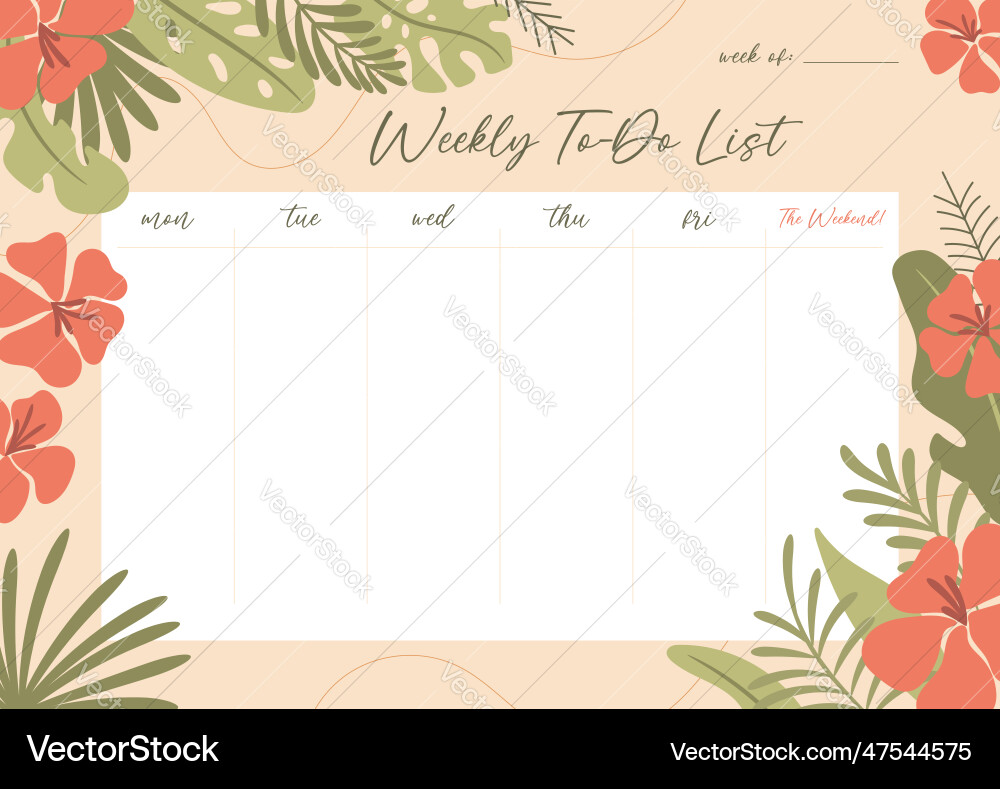 Printable weekly planner concept with tropical Vector Image
