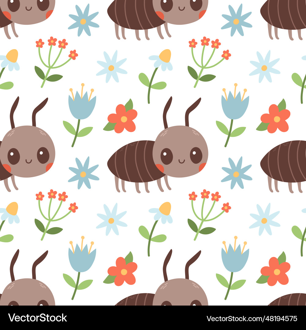 Seamless Pattern Of Ant Red Blue Flowers Vector Image