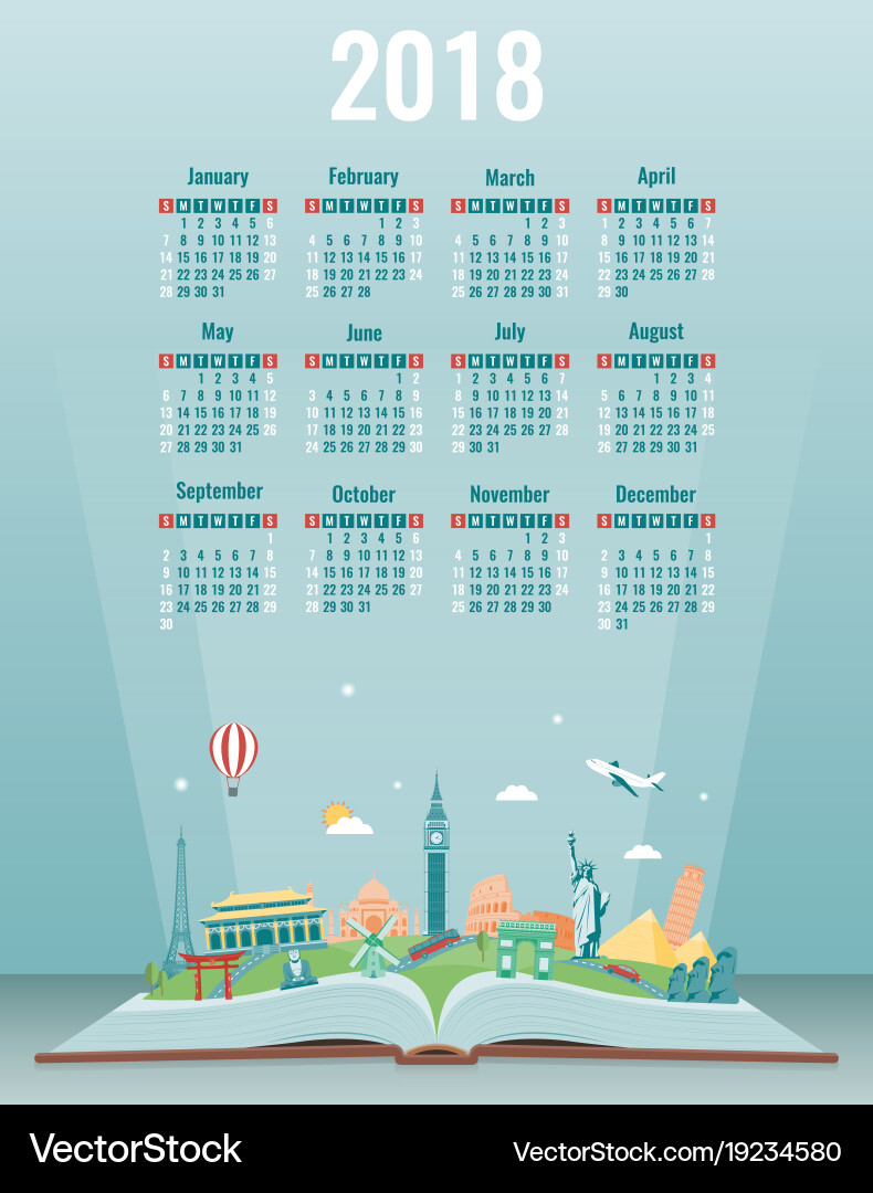 Calendar for 2018 with famous wolrd landmarks Vector Image
