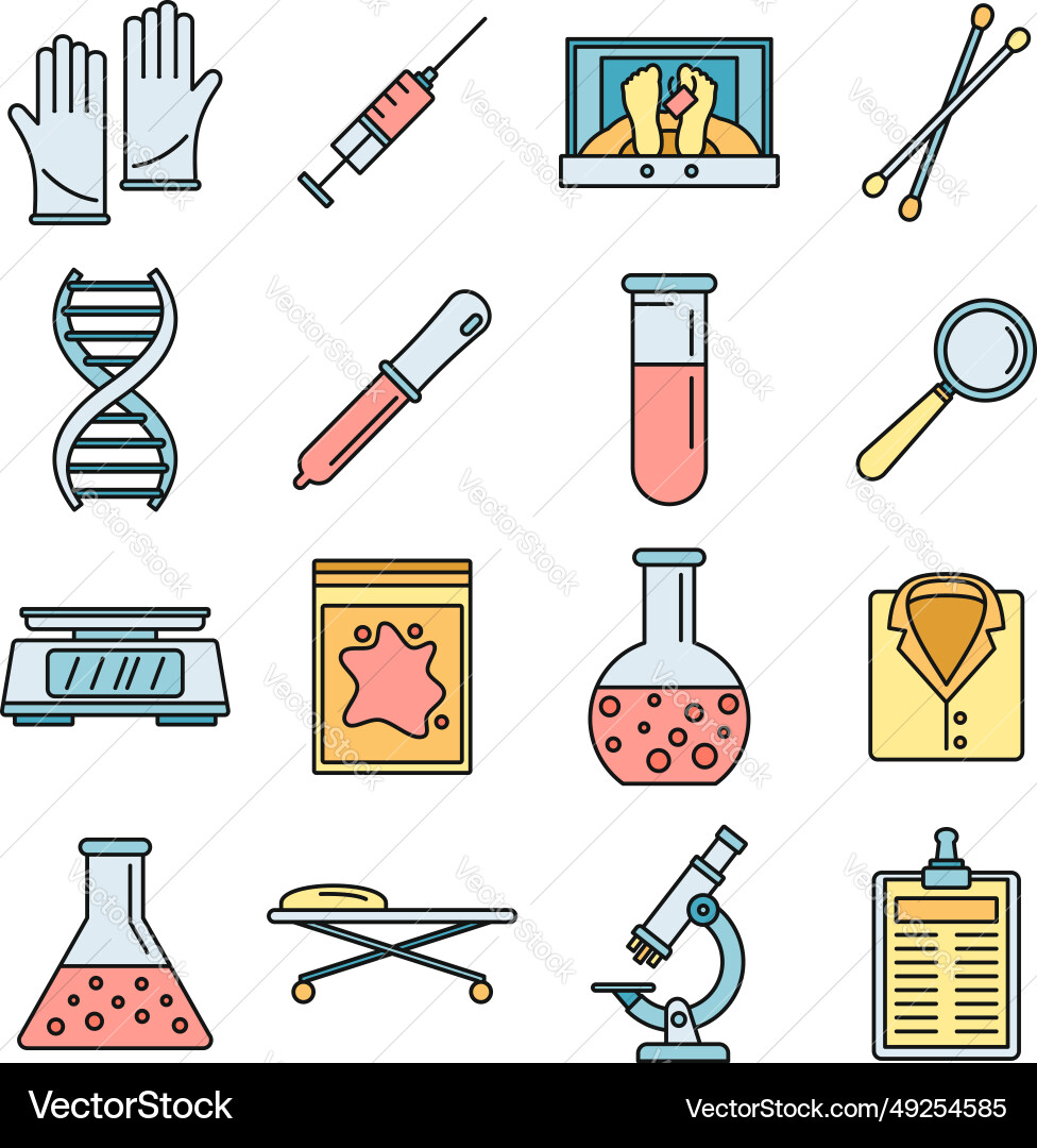 Dna investigation laboratory icons set Royalty Free Vector
