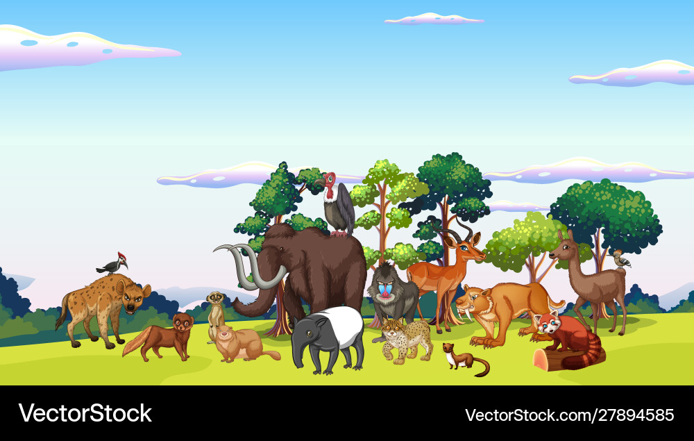 Scene with many animals in park Royalty Free Vector Image