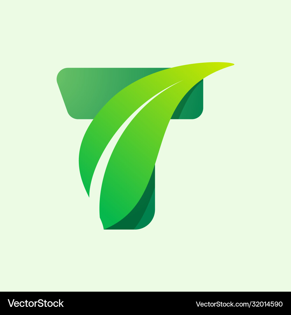 Ecology t letter logo with green leaf Royalty Free Vector