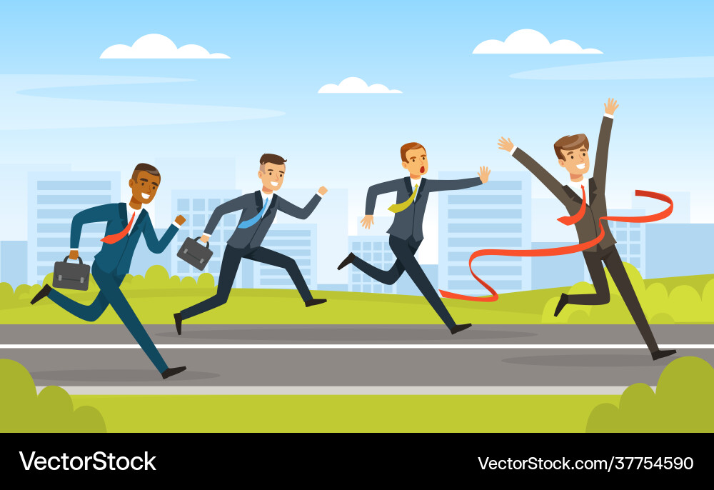 Group businessmen running to finish line Vector Image