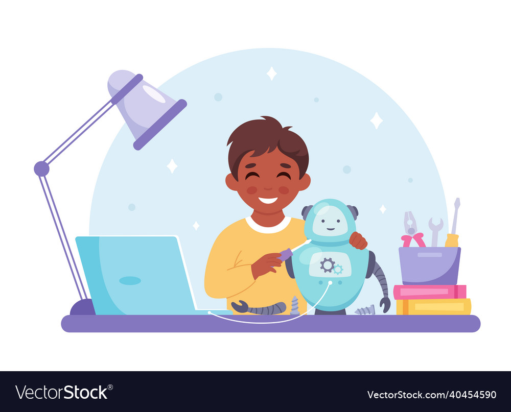 Little boy creating a robot robotics programming Vector Image
