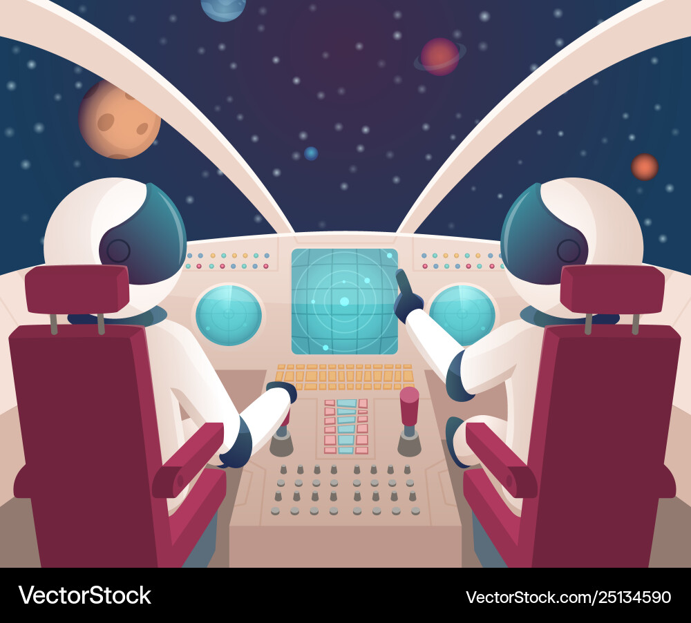 Pilots in spaceship shuttle cockpit with pilots Vector Image