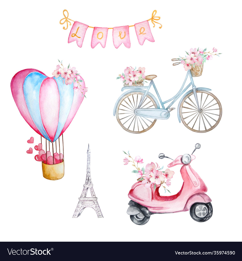 Watercolor set elements for valentines day Vector Image