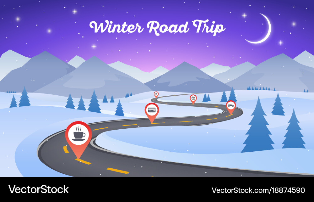 Winter snowy landscape with winding road pathway Vector Image