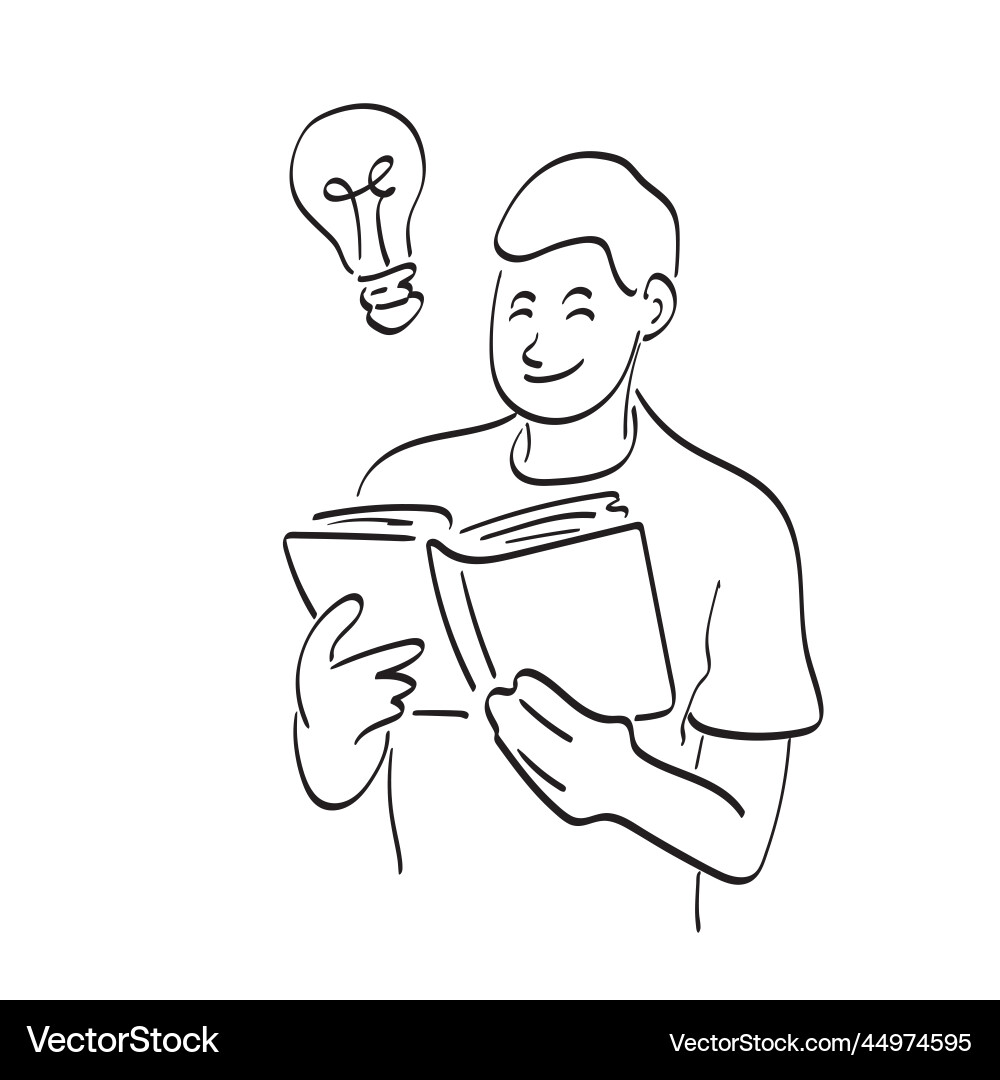 Line art man reading book with bulb hand Vector Image