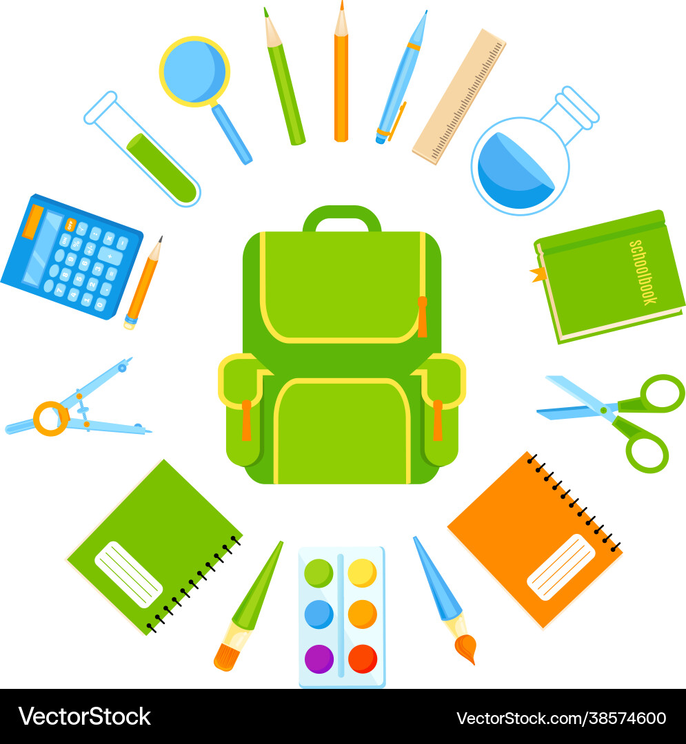 Backpack with school stationery supplies Vector Image