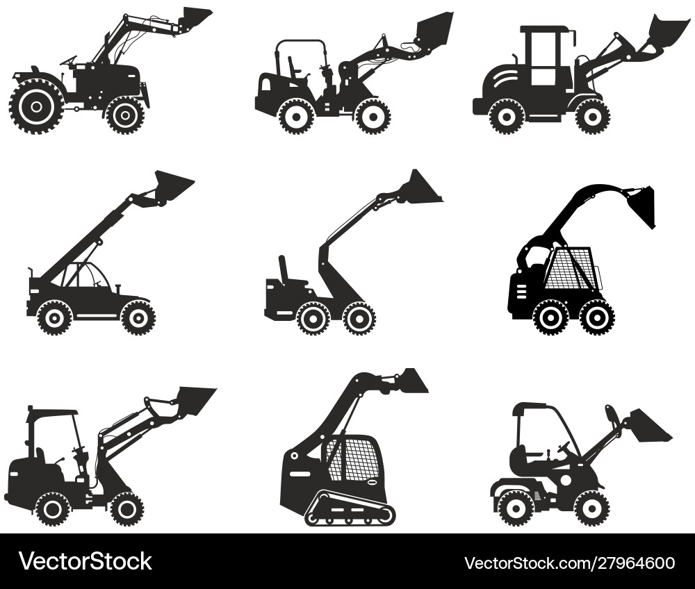 Set skid steer loaders silhouette heavy Royalty Free Vector