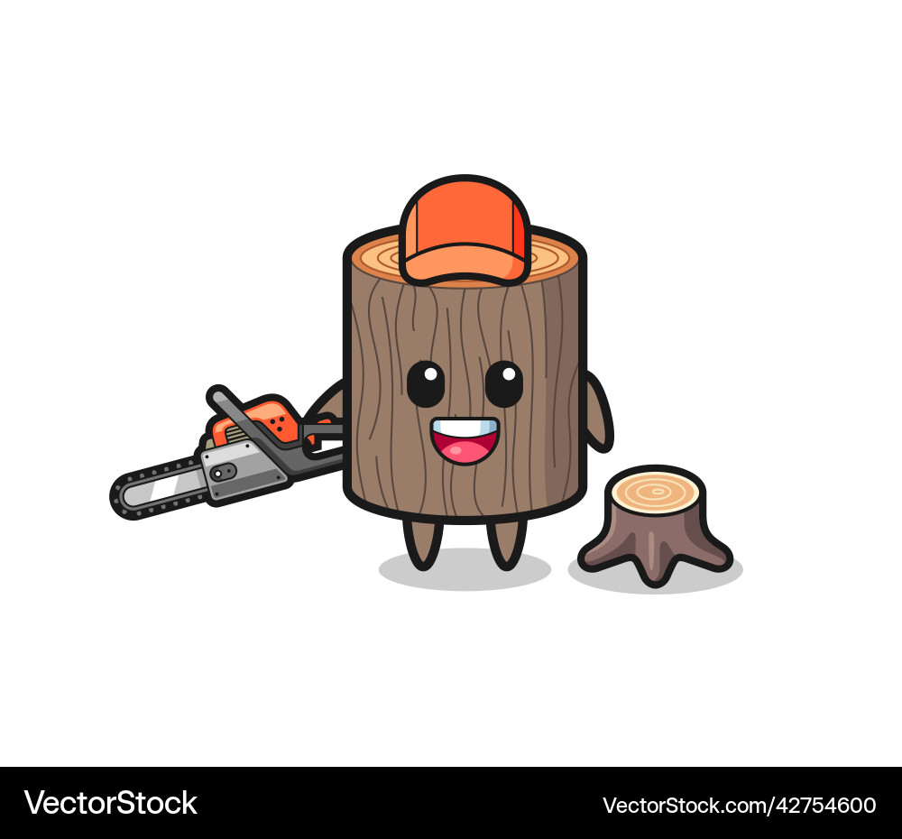Tree stump lumberjack character holding a chainsaw