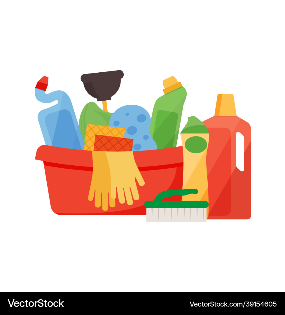 Assorted cleaning items set with brooms bucket Vector Image