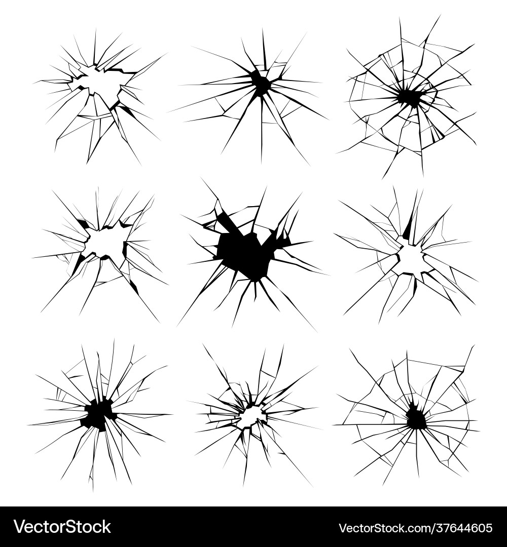 Broken glass shot through bullet hole Royalty Free Vector