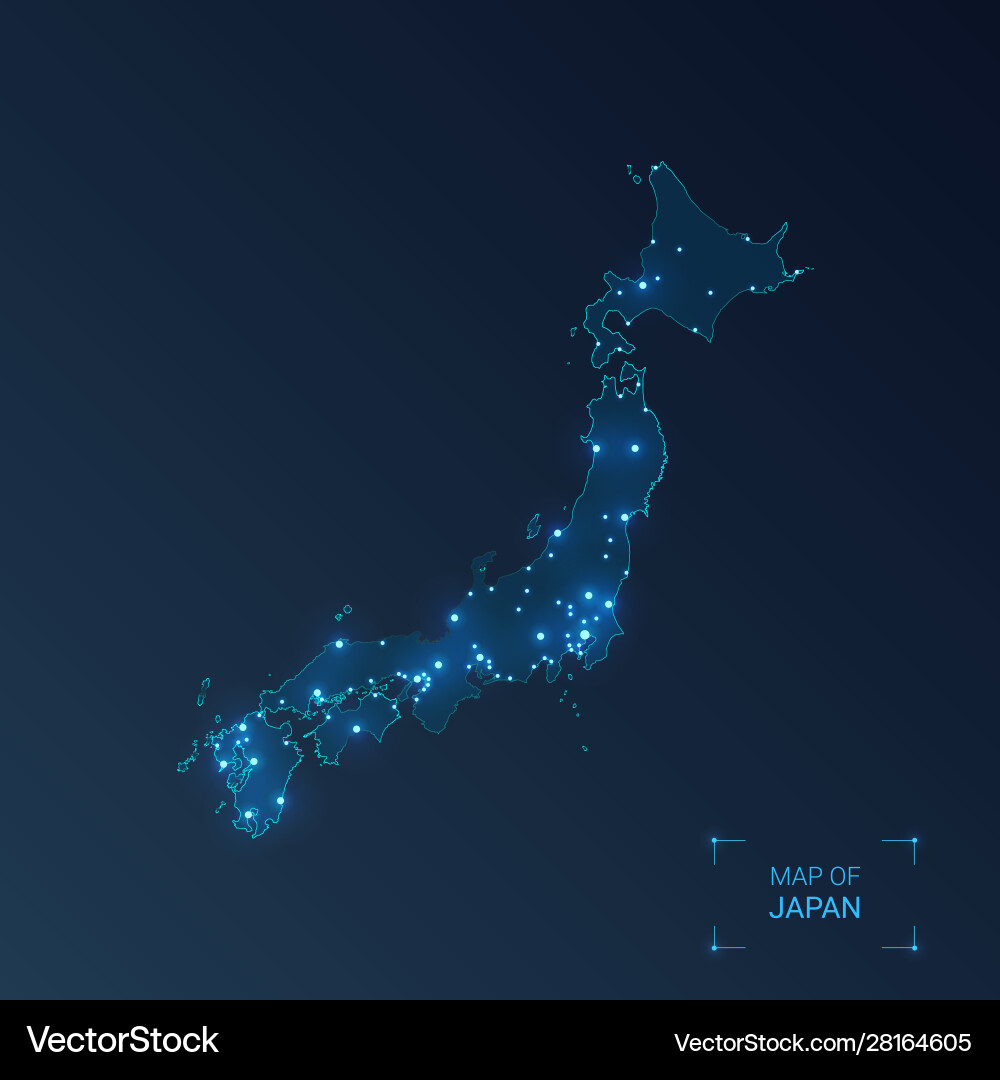 Japan map with cities luminous dots - neon lights Vector Image