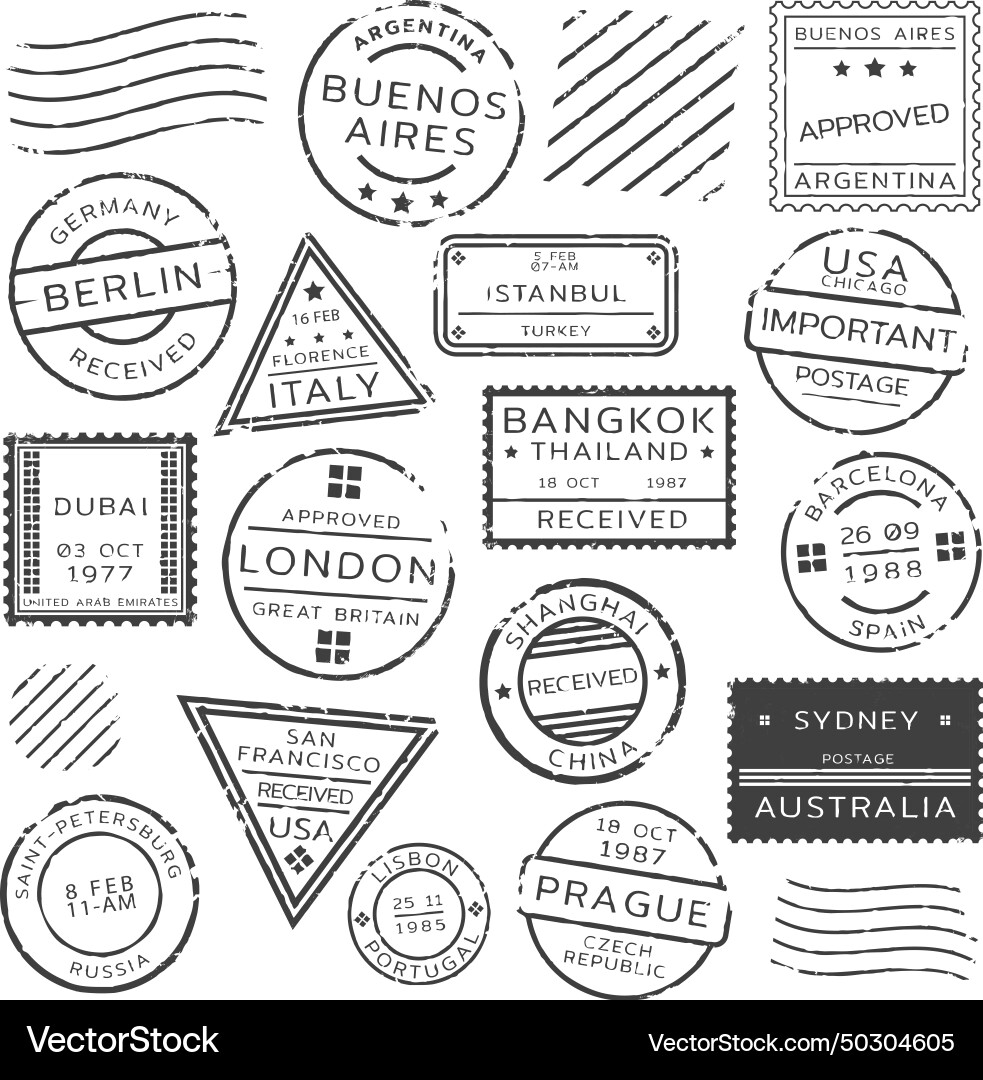 Monochrome retro postage stamps set Royalty Free Vector