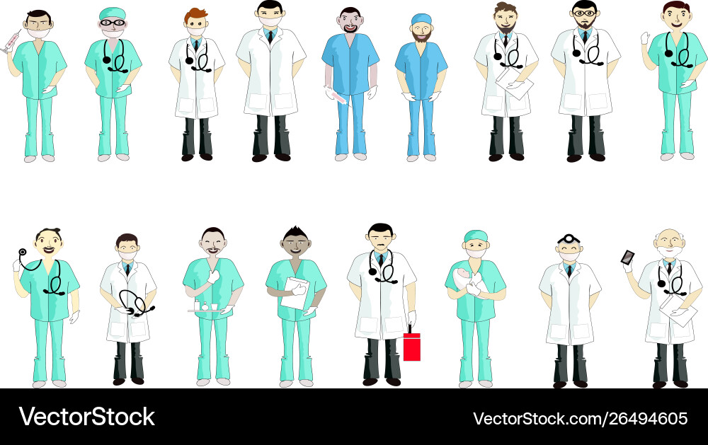 Set various male doctors on white background Vector Image