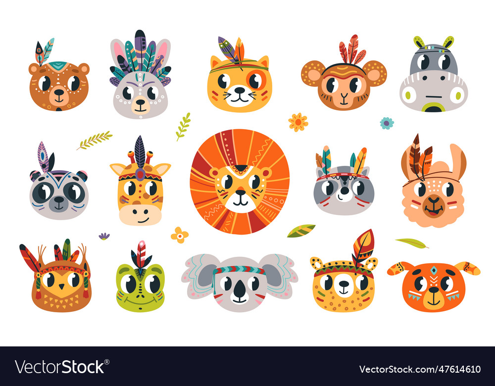 Tribal animals faces doodle animal avatars boho Vector Image