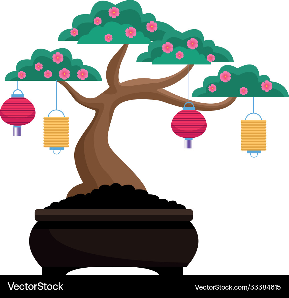 Isolated chinese tree with flowers and lanterns Vector Image