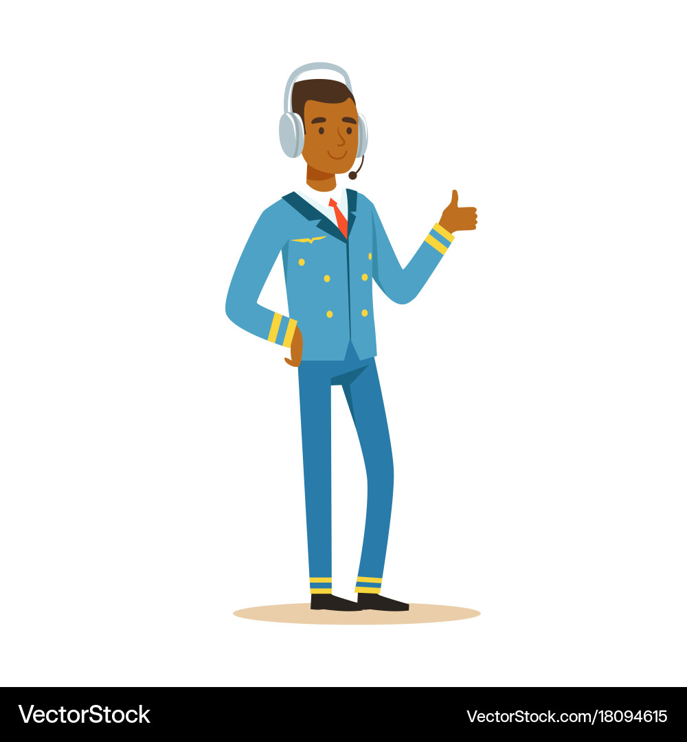 Smiling airline pilot character in blue uniform Vector Image